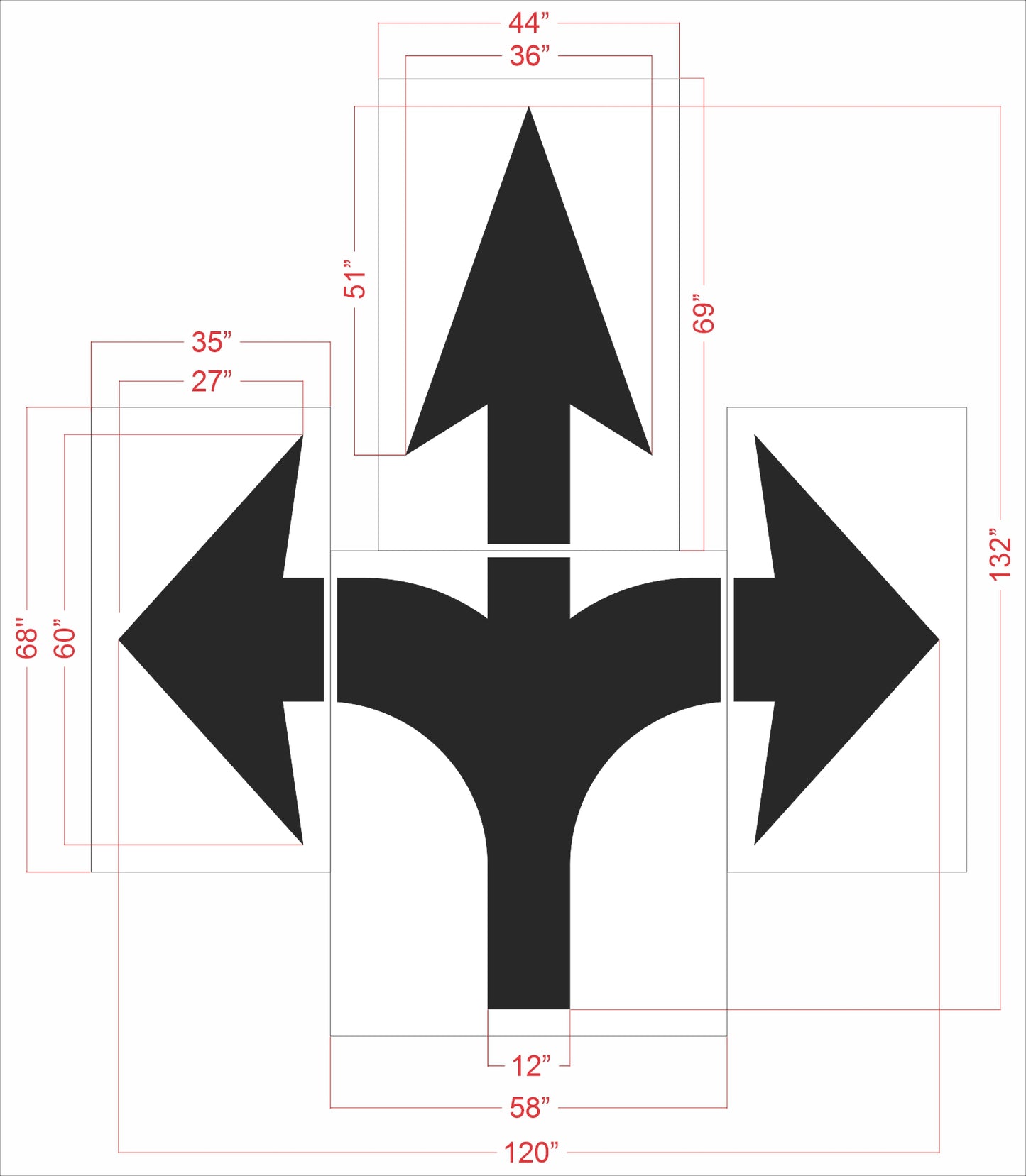 132" Amazon Left Straight Right Turn Arrow Stencil - 1-800-Stencil