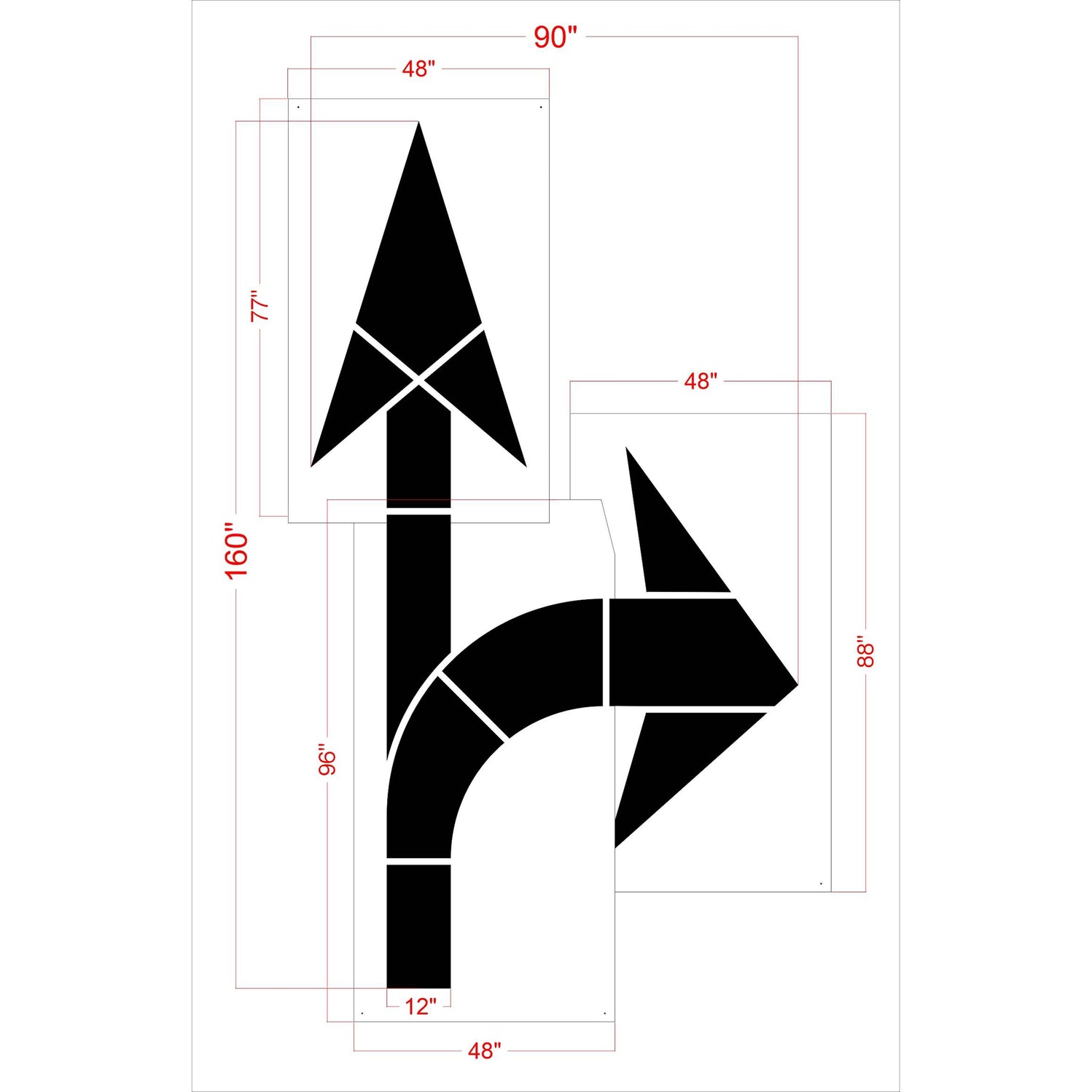 160" MUTCD Straight and Turn Arrow Combo Stencil - 1-800-Stencil